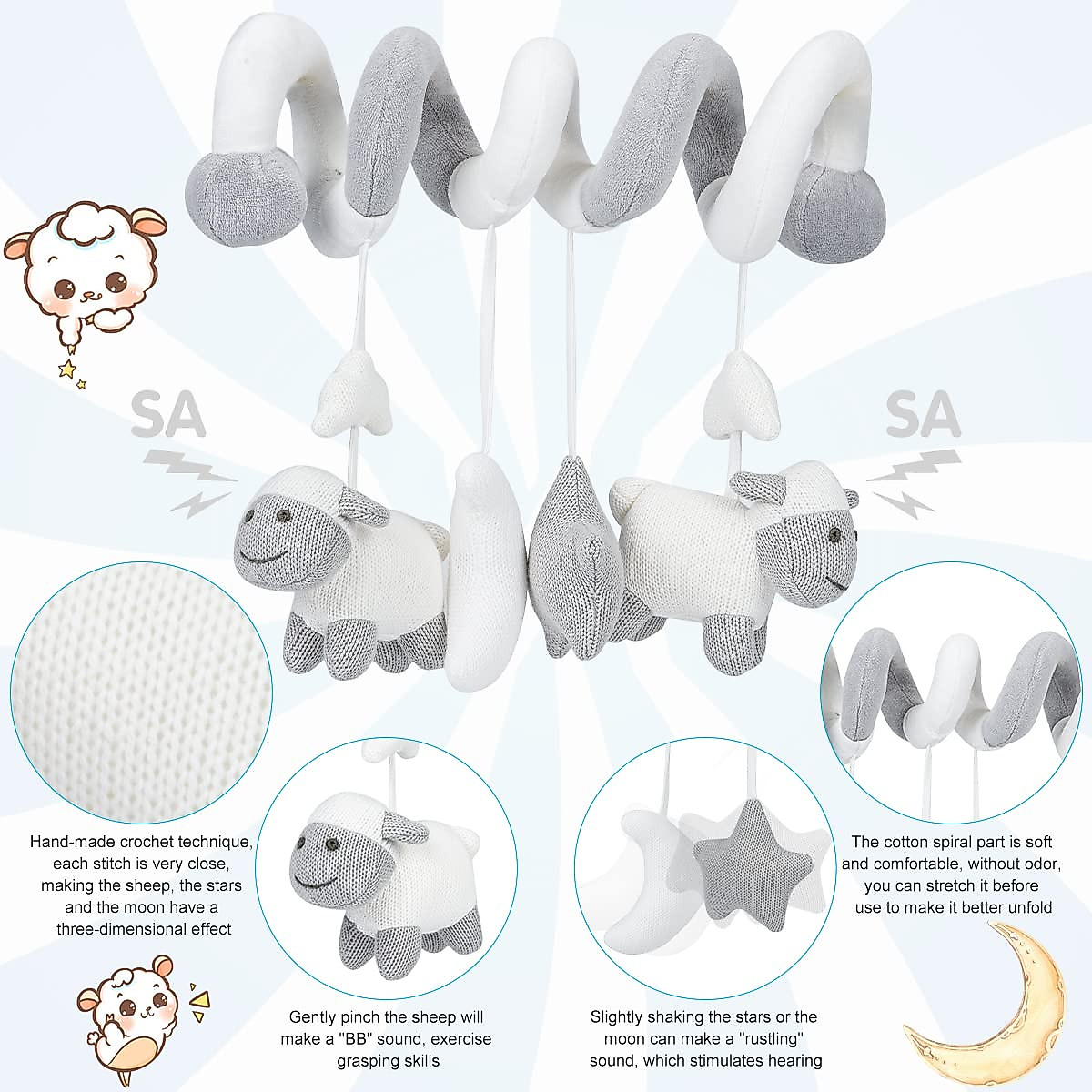 Promise Babe Hanging Car Seat Toys, Infant Stroller Toys for Car Seat Stroller Mobile Crib Bar with Bell, Baby Activity Spiral Plush Toys Best Gift for Boys and Girls, Spiral Activity Toy