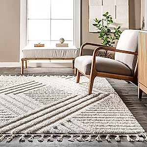 nuLOOM Risette Geometric Shag Tassel Runner Rug, 2' 8" x 8', Beige