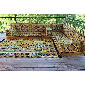 Yellow L Shaped Corner Floor Couch, Interior Design, Outdoor Patio Furniture, Floor Cushions, Bench Cushions, Floor Pillows, Arabic Majlis (L Sofa Full Set)