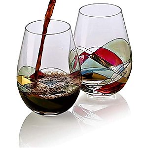 Bezrat Stemless Wine Glasses Set of Two | Hand Painted Large Premium Red and White Wine glasses | Lead-Free Crystal | Essential Wine Gift | 18 Ounces (Red)