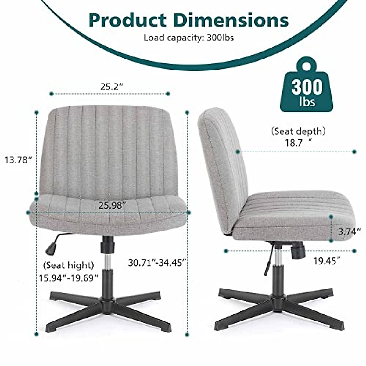 OLIXIS Cross Legged Armless Wide Adjustable Swivel Padded Home Office Desk Chair No Wheels, Grey