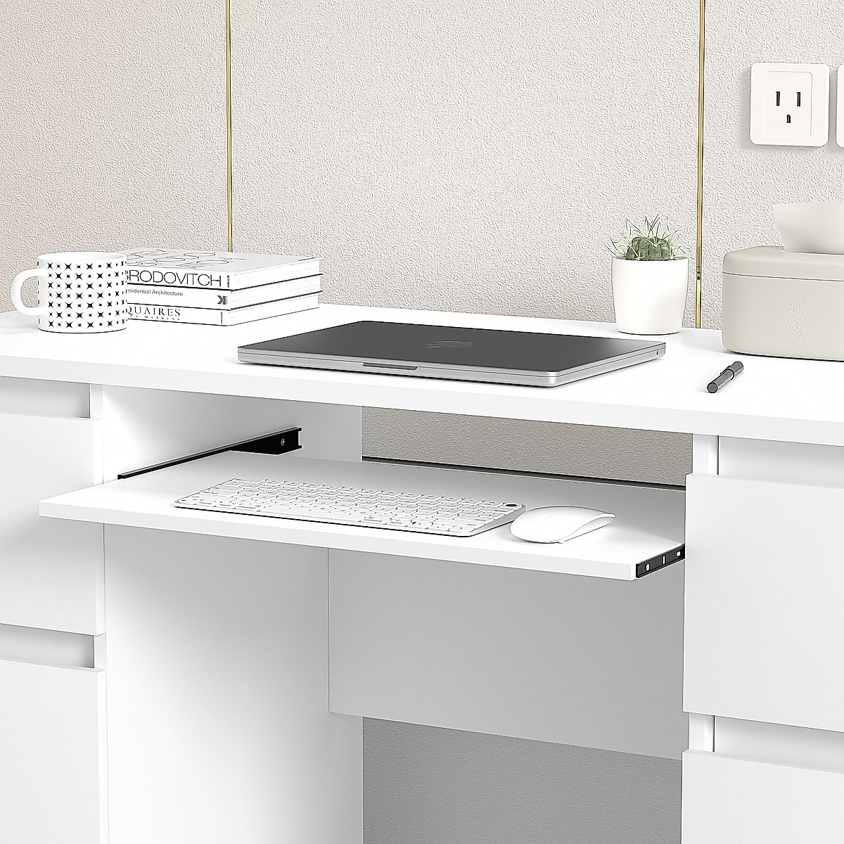 Furnicare White Computer Desk with 6 Drawers, Home Office Writing Desk with Storage Shelf, Modern Work Study Writing Table Desk, PC Laptop Table Vanity Makeup Desk for Bedroom, 47 Inch, White