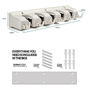 HOME IT Mop And Broom Holder - Garage Storage Systems with 5 Slots, 6 Hooks, 7.5lbs Capacity Per Slot - Garden Tool Organizer For 11 Tools - For Home, Kitchen, Closet, Garage, Laundry Room - Off-White