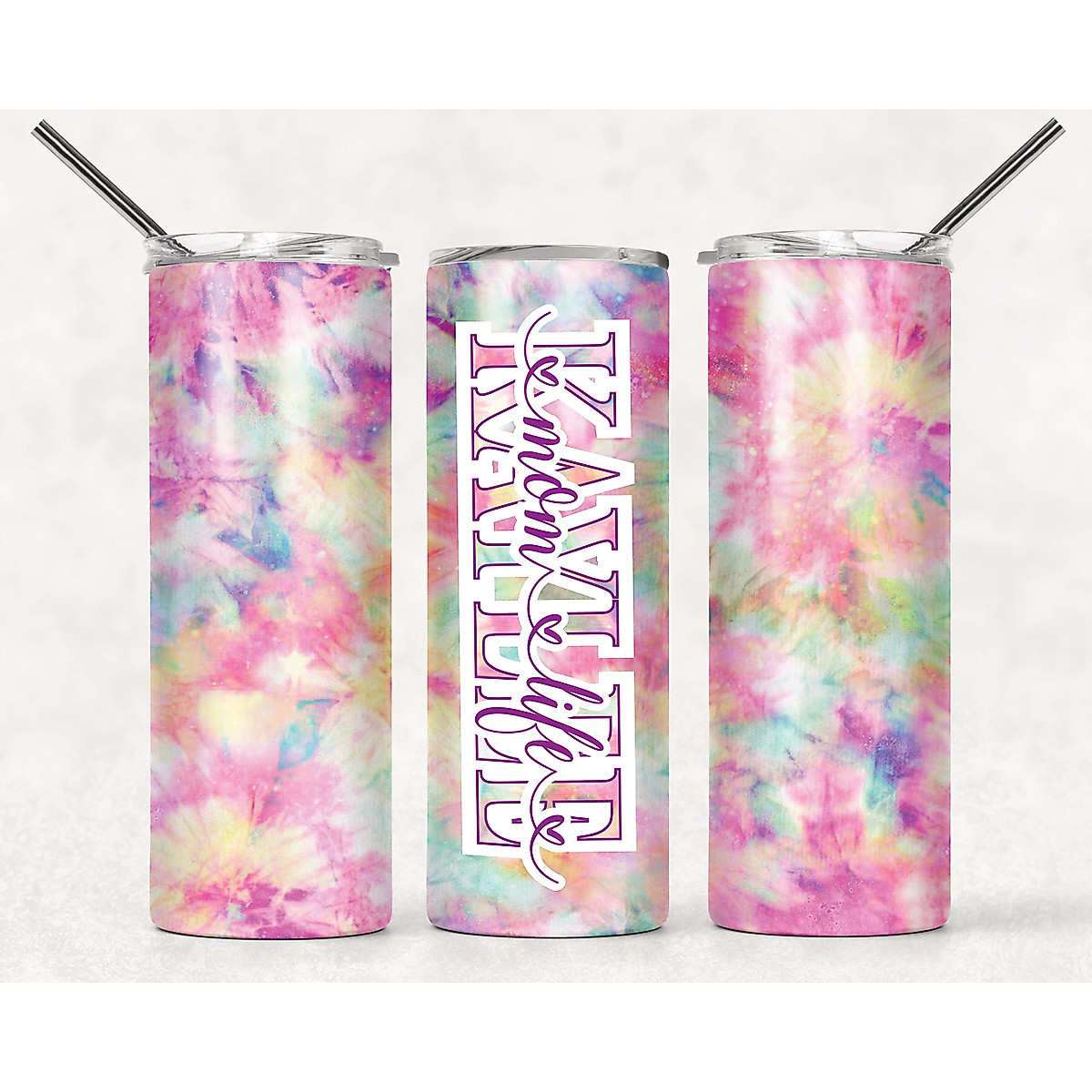 Personalized Tumbler | Stainless Steel 20oz Tumblers | Custom Tumbler For Women | Travel Cup | Double Wall Coffee Cup for Hot and Cold Drinks | Tie Dye Yellow Purple Pink Tumbler