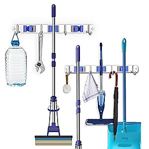 Broom Mop Holder Wall Mount, Broom Hook, 15'' Stainless Steel Heavy Duty Mop Broom Hanger-Mop hook With 3 Racks and 4 Hooks for Broom Storage Organizer-Broom Mop Organizer Wall Mount (2Packs)