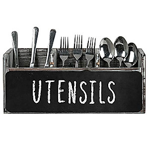 MyGift Torched Wood Kitchen Flatware Holder with 3 Divided Compartments and Front Chalkboard Panel, Countertop Utensil Holder Silverware Caddy