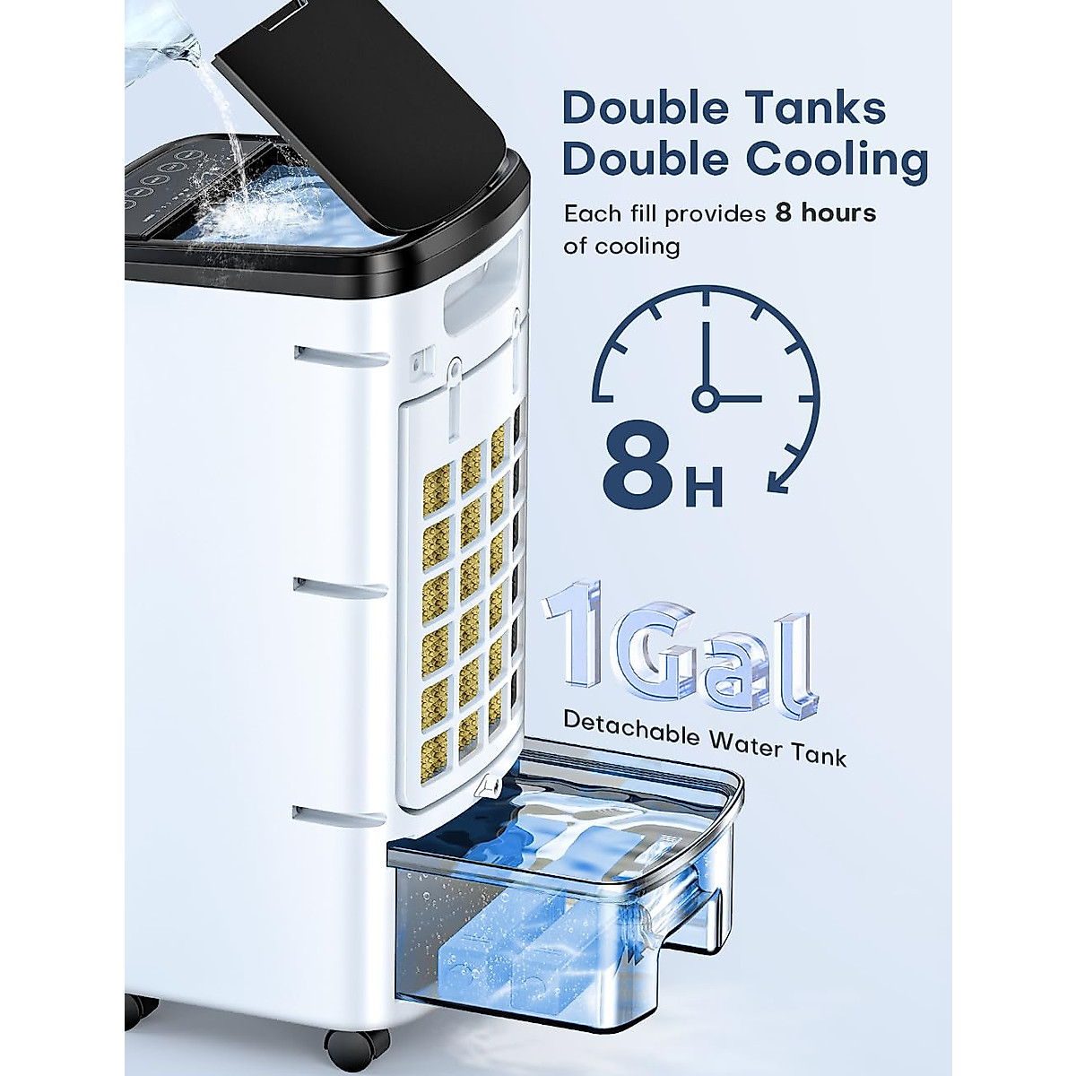 CENSTECH Evaporative Air Cooler, Swamp Cooler Air Conditioner w/ 12H Timer for Auto-off, 6 Upgraded Ice Packs, 3-Speed Windowless Air Conditioner, Smart Remote, Dual Tank Portable Air Cooler for Room