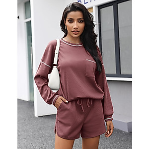 Andeip Lounge Set for Women Two Piece Long Sleeve Waffle Pjs Set Contrast Stitching Pajama Sets Red L