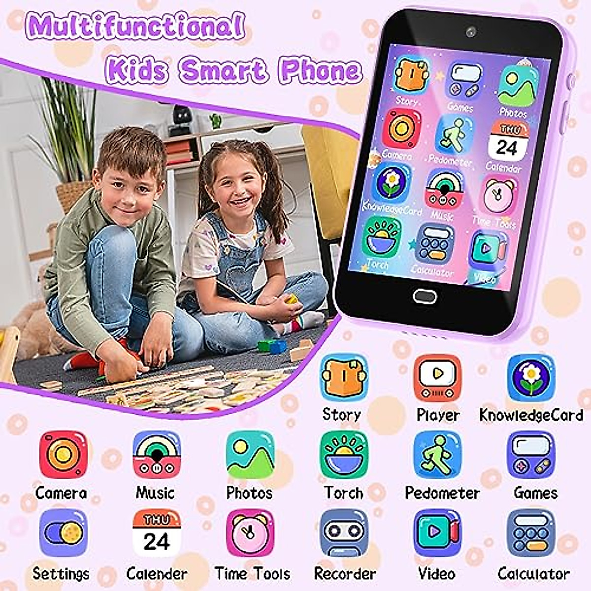 JYNZYUPO Kids Smart Phone Learning Toy Phone Gifts for Girls 3 4 5 6 Year Old Phone Touchscreen Learning Toy Christmas Birthday Gifts for 3 4 5 6 7 8 9 Year Old Girls with 8G SD Card
