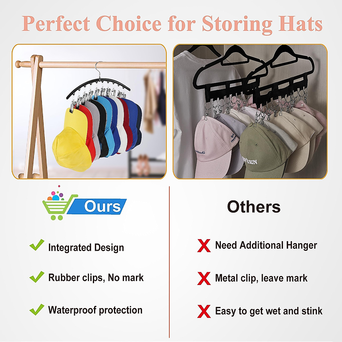 Hat Organizer for Baseball Caps, Hat Hanger 2Pcs with 10 Clips Holds 20 Hats/Leggings/Pants, Closet Organizers and Storage w/Rubber Coated, Leaving No Mark, Space Saving