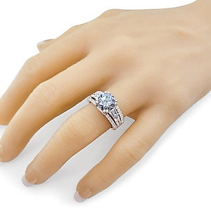 Central Diamond Center Sterling Silver Round & Baguette Engagement Ring with a 9.00mm - 3.00ct Round Center Stone - Size 4.5