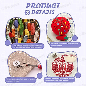 Swpeet 212Pcs Embroidery Kit, Stitch Kits Include 100 Colors Threads, Aida Cloth, Sewing Pins, Floss Bobbins, Embroidery Needles, Bamboo Embroidery Hoops, The Shell of a Pen with Erasable Refill