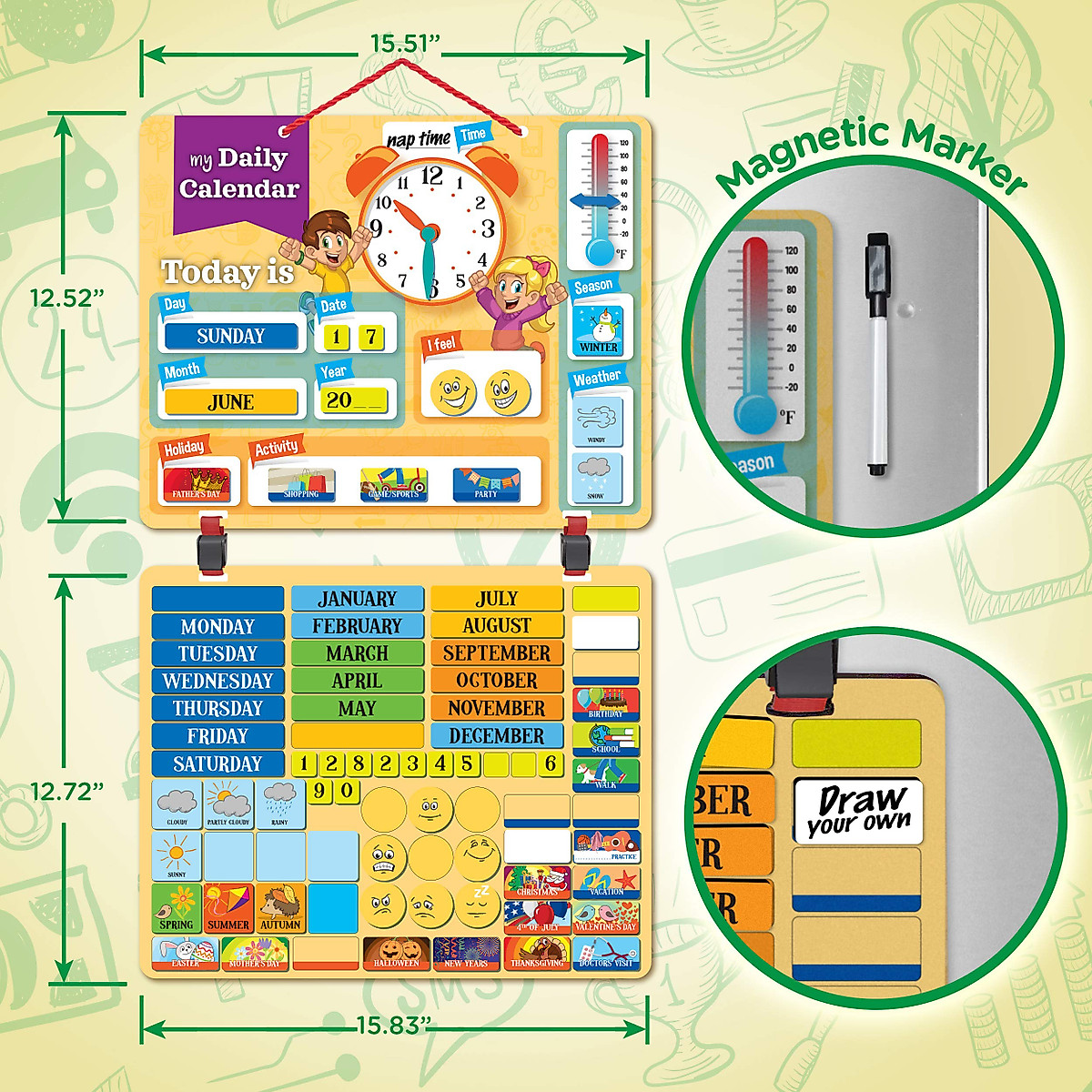 Kids Daily Calendar magnetic,Hang on Wall or Fridge for Home or School.