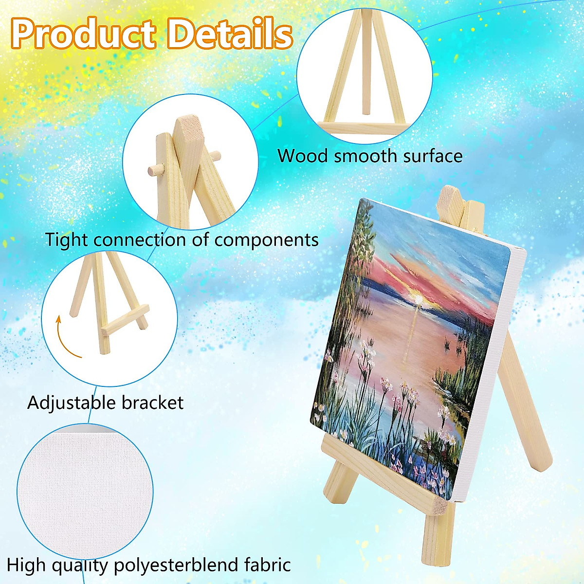 UHBYJM 32 Pack Mini Canvas and Easel,4 x 4 Inch Stretched Mini Canvases Small Painting Canvas with Mini Easel,Art Canvases Small Canvases for Kids Painting Party Craft Acrylic Pouring Oil Water Color