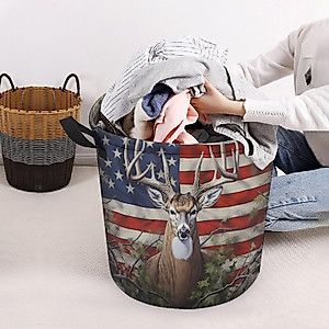 American Deer Flag Laundry Basket Hamper Bag Dirty Clothes Storage Bin Waterproof Foldable Toy Organizer for Bedroom Clothes Toys Basket