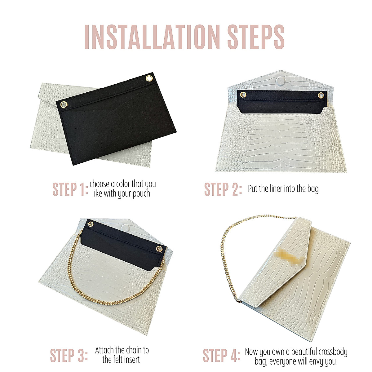 Uptown Clutch Conversion Kit with Gold Chain Wristlet Insert Wallet on Chain WOC Uptown Pouch Insert (Black)