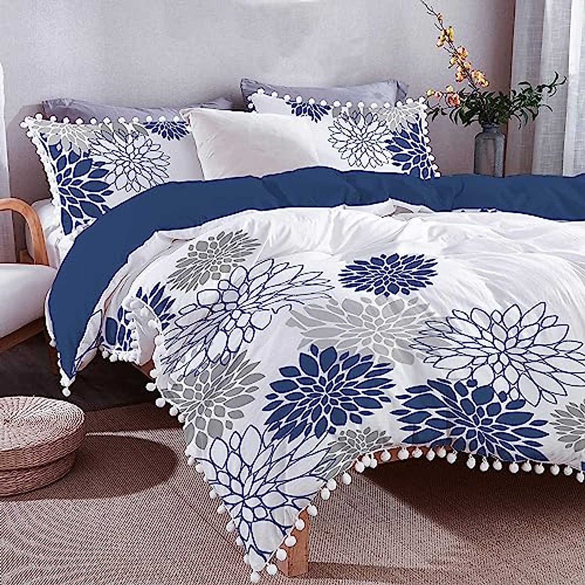 ORTIGIA Boho Pom Pom Fringe Duvet Cover Set Queen Size,Blue Dahlia Floral Duvet Cover Set Soft Washed Microfiber 1 Bed Cover (90"x90") with 2 Pillow Shams(20"x 26") 3 Pieces Comforter Cover