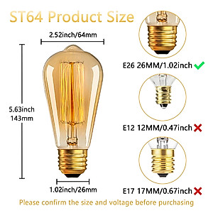 Sevici Edison Bulb, 6 Packs, ST64 60W 120V Edison Bulb Retro Incandescent Bulb, E26/E27 Base, 2200K Amber Warm Yellow Base, Dimmable, Retro Glass Bulb, Suitable for Outdoor and Indoor
