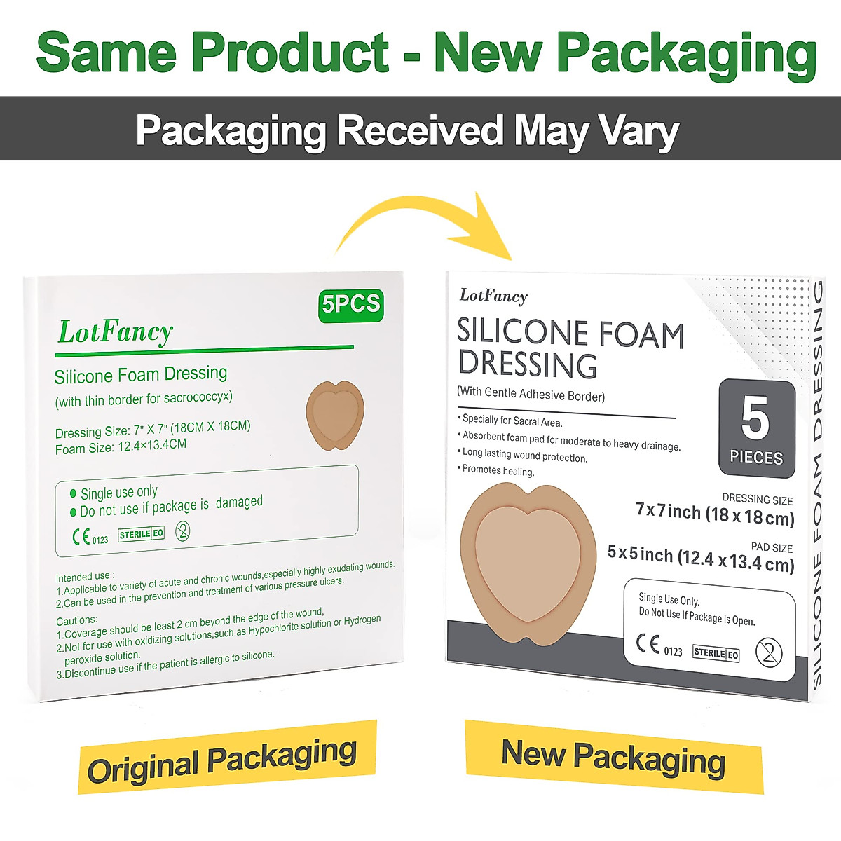 LotFancy Sacral Foam Dressing, 7"x 7", 5 Count, Silicone Foam Dressing, Wound Dressing with Border, Sacrum, Bed Sores, Pressure Ulcers Healing Bandage Pad, Highly Absorbent, Waterproof