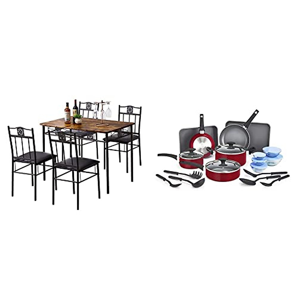 VECELO Dining Table Set with 4 Chairs, Retro Brown & Bella Nonstick Cookware Set - Aluminum Bakeware, Pots and Pans, Storage Bowls & Utensils, Compatible with All Stovetops, 21 Piece, Red