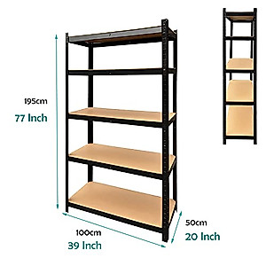 77" Storage Shelves, Heavy Duty Steel Frame 5-Tier Garage Shelving Unit, Metal Multi-Use Storage Rack for Home/Office/Dormitory/Garage, Adjustable Height Bolt-Free Easy Installation, Black