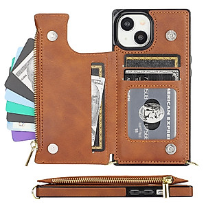 Bocasal Crossbody Wallet Case for iPhone 15 with RFID Blocking Card Slot Holder, Magnetic Flip Folio Purse Case, PU Leather Zipper Handbag with Detachable Lanyard Strap 6.1 Inch 5G (Brown)