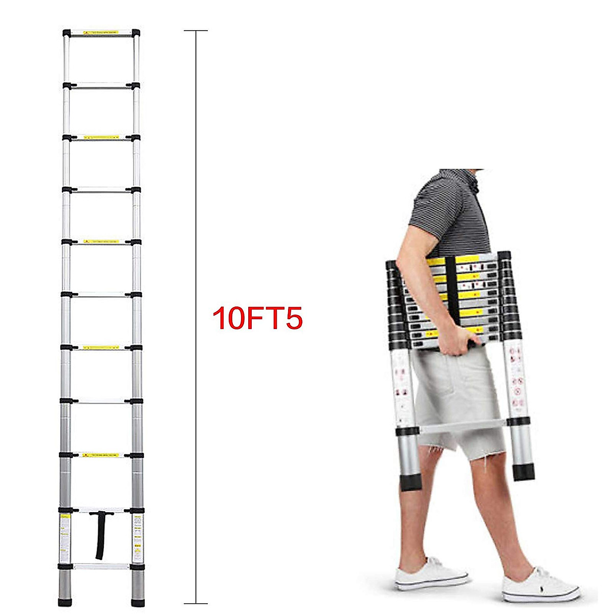 Telescoping Ladder 10.5ft/3.2M Multi Function Aluminum Staright Ladders Retractable Easy to Carry Collapsible for Decoration Household Daily Office Emergency - 330lbs Capacity Silver