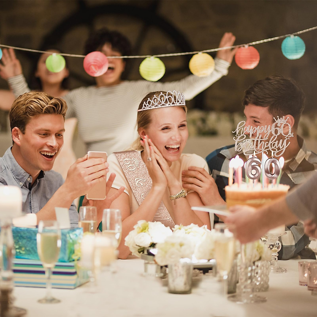 60th Birthday Decorations for Women, Include 60th Birthday Sash and Tiara, Cake Topper and Candles, Number Balloons, 60 Year Old Gifts Women