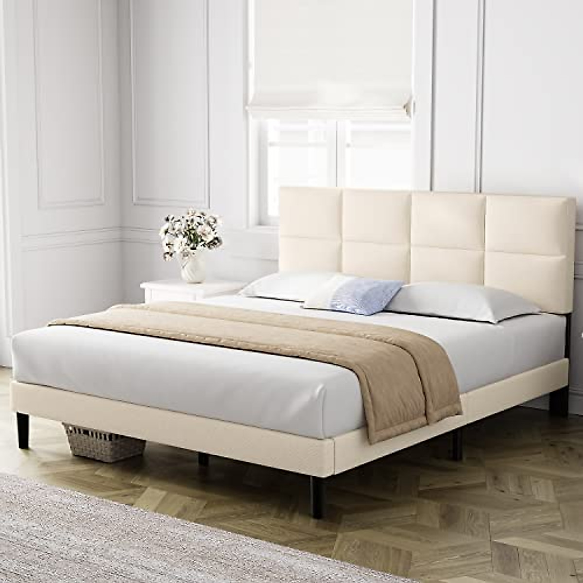Molblly Queen Size Bed Frame with Upholstered Headboard, Strong Frame, and Wooden Slats Support, Non-Slip and Noise-Free, No Box Spring Needed, Easy Assembly, Beige