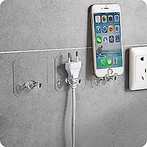 S5E5X Adhesive Toothbrush Holder Wall-Mounted, Multi-Function Power Plug Socket Razor Wall Hanger Hook, Transparent Reusable Seamless Wall Storage Hook for Office Bathroom Home Kitchen (2PC)