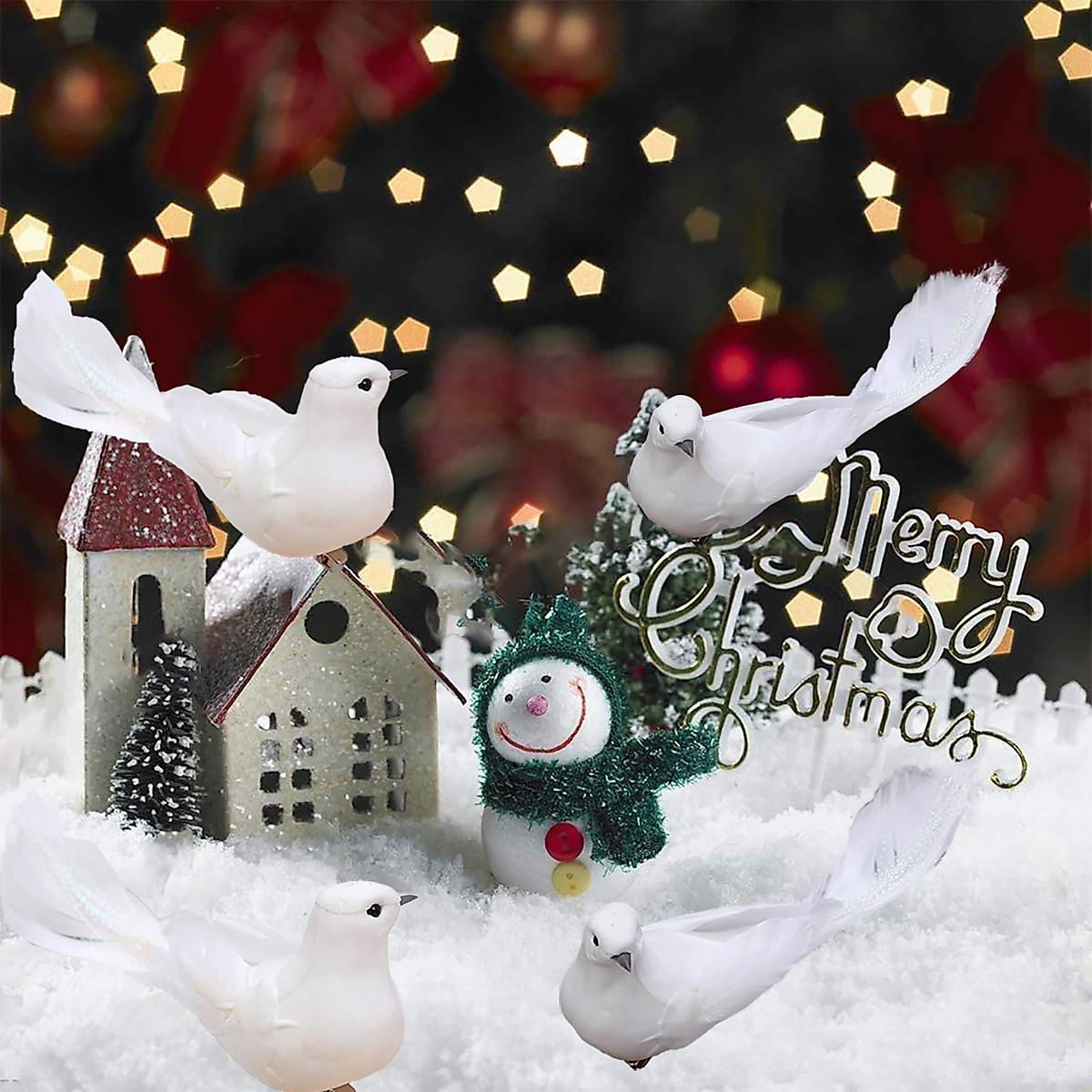 OHJ Artificial Feathered White Birds,Long Tail Artificial White Pigeon,Simulation Foam Craft Birds with Clips-on Christmas Tree Ornament Decorative Fake Doves,for Home Garden Wedding Decor (Pack of 6)