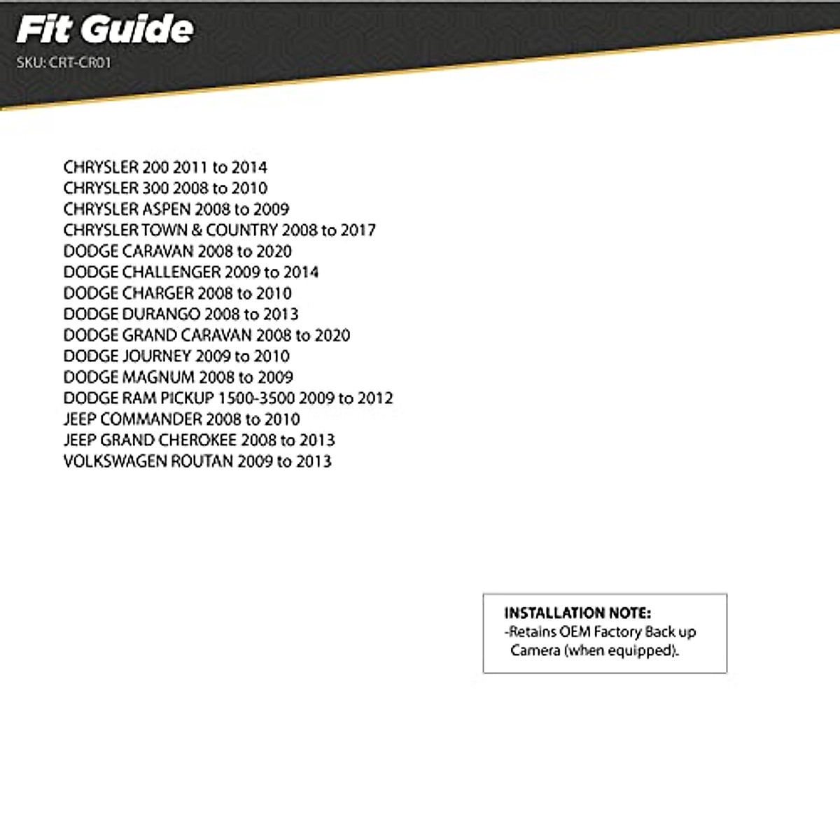 Scosche CRTCR01 Compatible with Select 2008-2020 Chrysler, Dodge, Jeep Camera Retention Harness