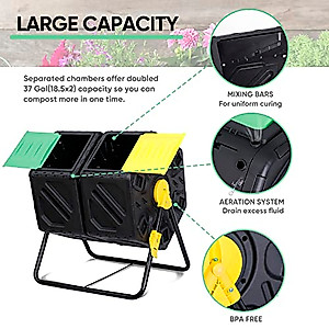 HomGarden Dual Chamber Compost Tumbler for Garden and Outdoor, 37 Gallon High Volume Composter with 2 Sliding Doors, Black