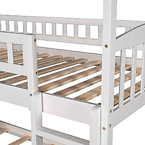 DNYN Twin Size Loft Bed with Slide for Kids Bedroom,Twin-Over-Twin House Shaped Bunkbeds w/Safety Guardrails & Roof Design,Easy Assemble & No Box Spring Need & Space Saving Design, White