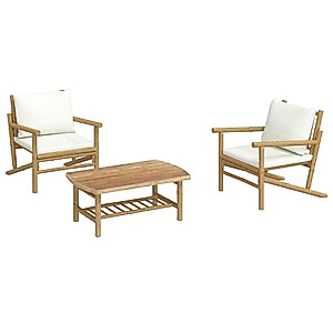 VRAXO 3 Piece Patio Lounge Set with Cream White Cushions Bamboo,Outdoor Furniture Sets-57.2lbs