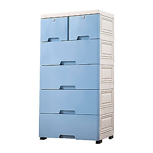 PIAOCAIYIN Dresser Drawer Organizers, 6 Drawers Organizer with Keys, Tall Lockable Storage Cabinet with Wheel, Plastic Dresser Storage Organizer, Storage Cabinet for Clothing Bedroom -Blue