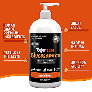 Liquid Glucosamine for Dogs with Chondroitin MSM - Rejenease Hip and Joint Supplement Supports Mobility, Arthritis & Pain Relief (32 oz)