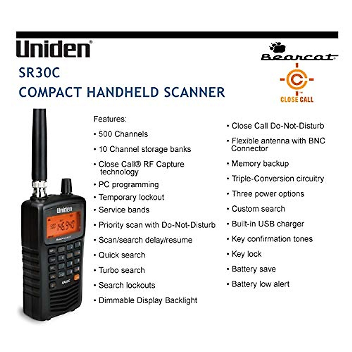Uniden Bearcat SR30C, 500-Channel Compact Handheld Scanner, Close Call RF Capture, Turbo Search, PC programable, NASCAR, Racing, Aviation, Marine, Railroad, and Non-Digital Police, Fire, Public Safety