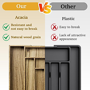 Kiasthome Acacia Wood Kitchen Silverware Drawer Organizer, Expandable Utensil Cutlery Drawer Organizer with Dividers, Flatware Organizer Silverware Tray for Spoon, Fork, 13''-21''x16.9'' (6-8 Slots)