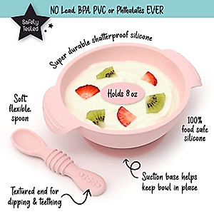 PrimaStella Unbreakable Silicone Non-Slip Bowl and Chew Spoon Set for Babies and Toddlers (Pink)
