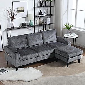 Gsxiyosen 77" Chenille Room Sectional Sofa, Convertible L Shaped 3-Seat Bench Sofa Couch with Storage Chaise Upholstered Couches,Comfy Polyester Upholstered Sofa Sleeper for Bedroom, Office (Grey)