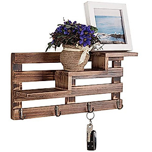 MyGift Wall Mounted Rustic Burnt Wood Key Rack Organizer with Tiered Floating Display Shelves