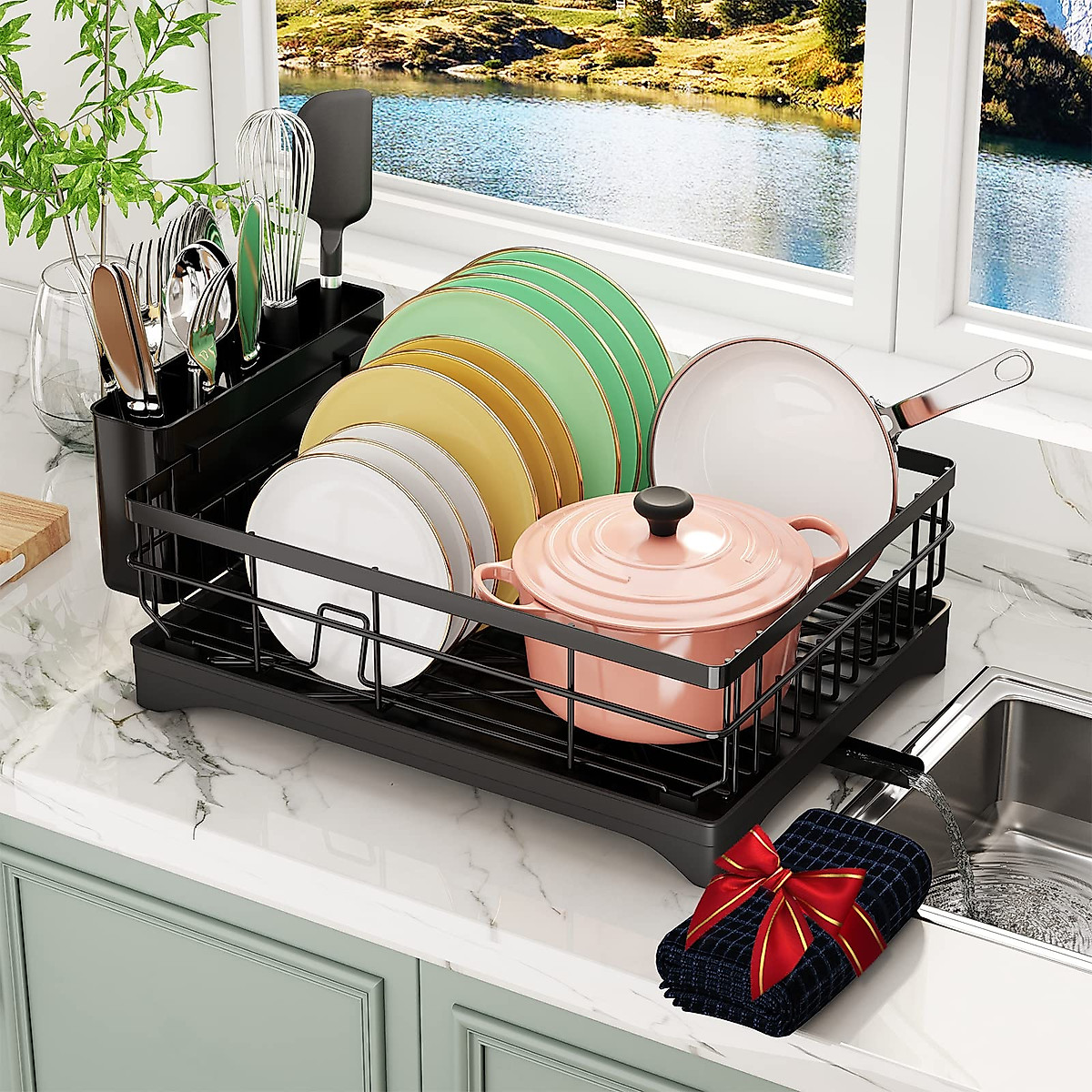 coobest Dish Drying Rack, Dish Rack with Utensil Holder and Dish Drying Mat, 360° Removable Drainboard, Drying Rack for Kitchen Counter, Kitchen Gadgets and Kitchen Organization