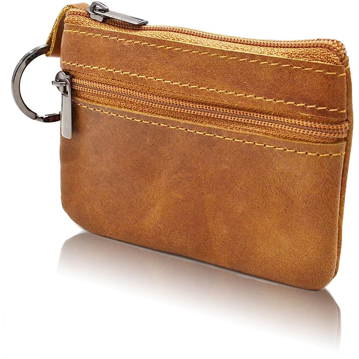 Women Genuine Leather Coin Pouch Zip Mini Purse Wallet Key Chain Double Zipper
