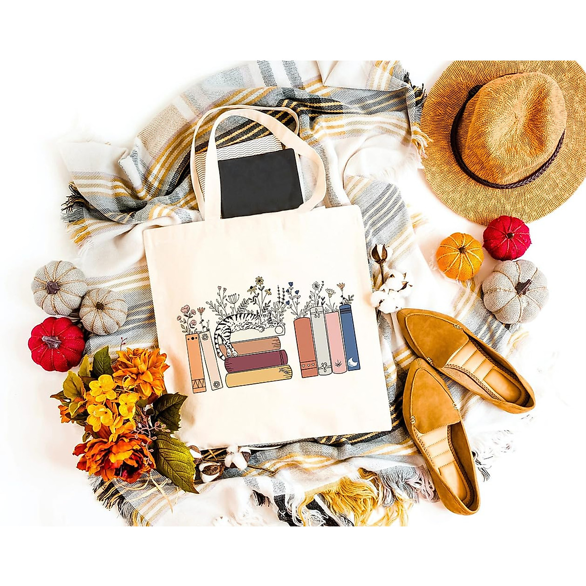 GXVUIS Books Canvas Tote Bag for Women Aesthetic Flowers And Cat GraphicReusable Grocery Shopping Bags Reading Lovers Gift White