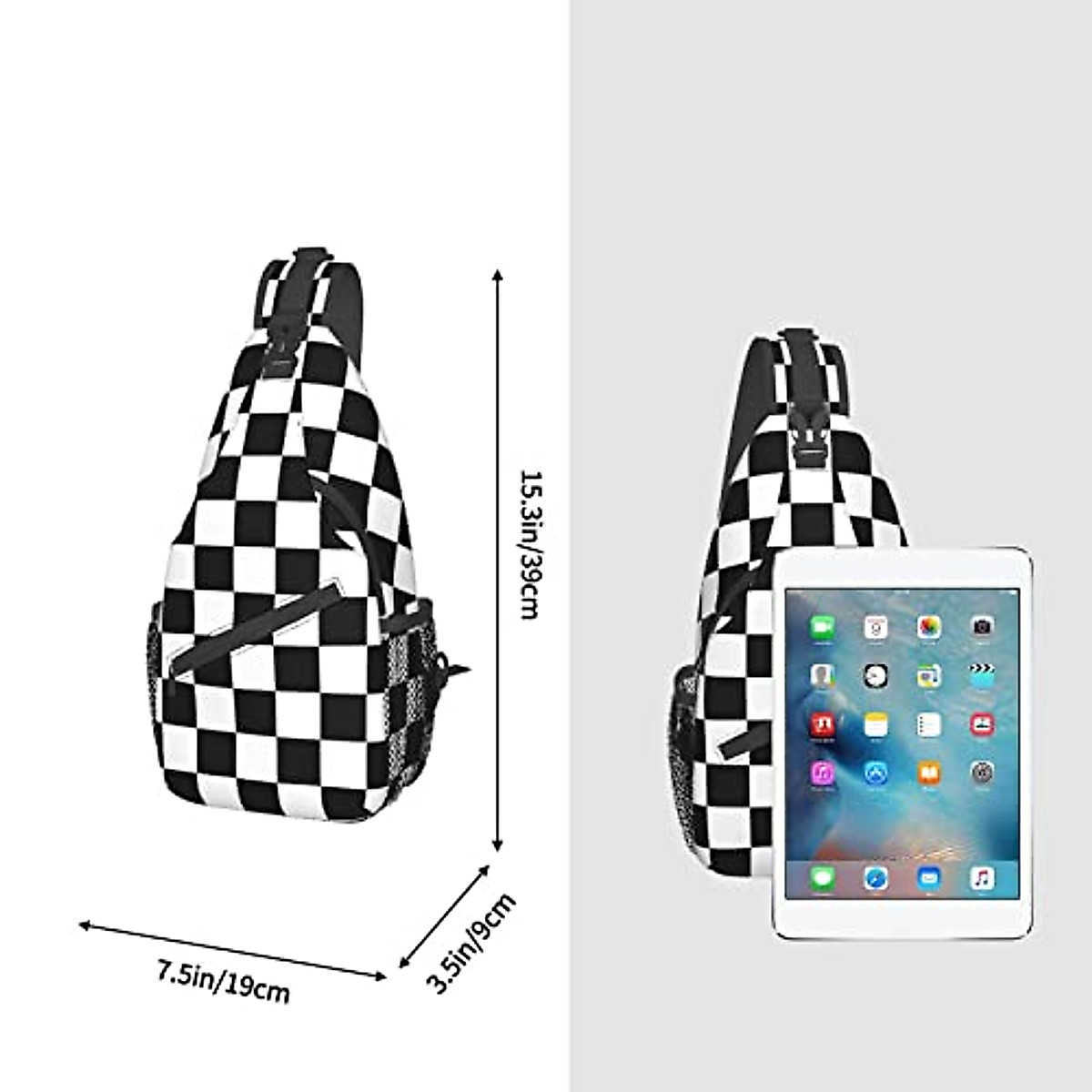 LAKUERVI Plaid Chest Sling Bag Geometric Checkered Plaid Pattern Black White Crossbody Shoulder Backpack Adjustable Lightweight Travel Hiking Casual Daypack for Men Women