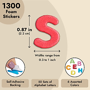 1300 Pieces Mini Foam Letter Stickers for Crafts, 50 Sets of 0.87" Self-Adhesive A-Z Alphabet Letters (6 Assorted Colors)