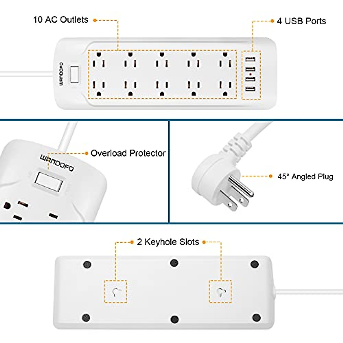 WANDOFO 15ft Extra Long Cord Power Strip Surge Protector, 5V 3.4A Smart USB Outlet Strip, 10 Widely Spaced Outlets, Low Profile Flat Plug, Wall Mountable, Ideal for Home Office, White