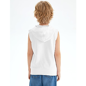 Spring&Gege Boys’ Full Zip Sleeveless Hooded Vest Basic Solid Zipper Tank Tops Hoodie with Pockets, White, Size 7-8 Years