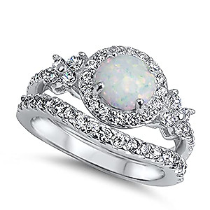LaRaso & Co His Hers TRIO Wedding Set Titanium Band Sterling Silver White Opal Bridal Engagement Ring Set Him Her 9/6